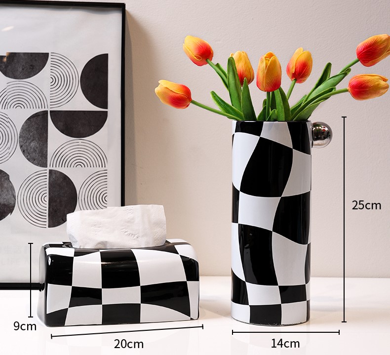 Checkered Cylinder Ceramic Vase | Aesthetic Decor Shop