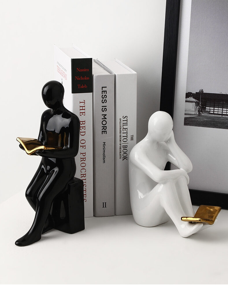 Black and White People Reading Ceramic Bookends | Aesthetic Decor Shop