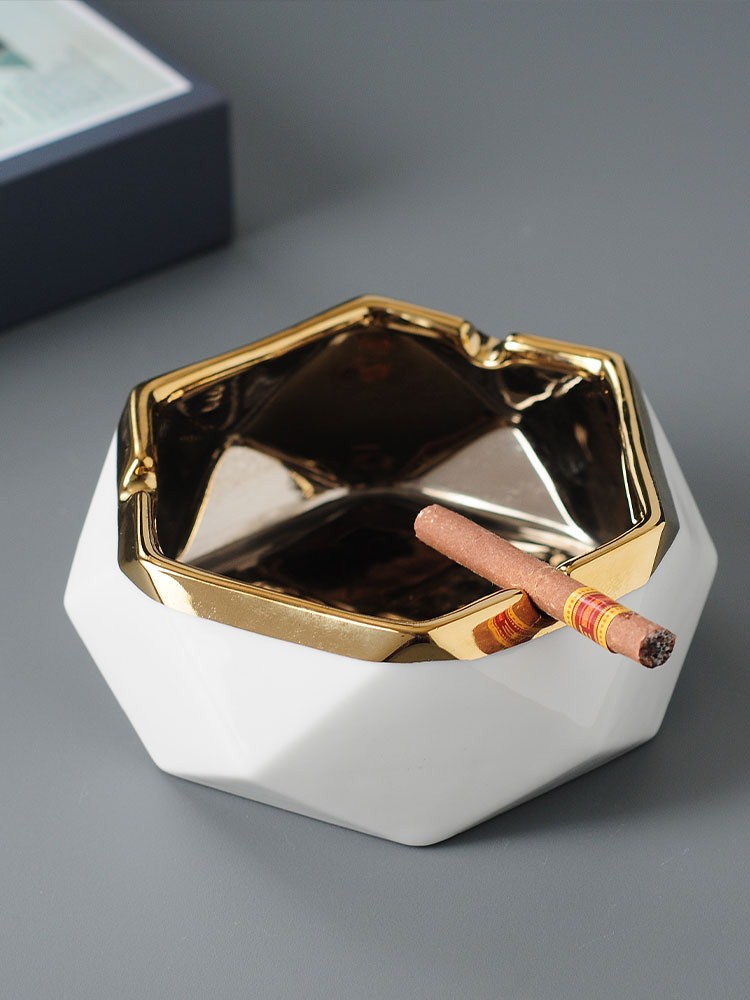 Geometric White Ceramic Ashtray with Gold Detail | Aesthetic Decor Shop