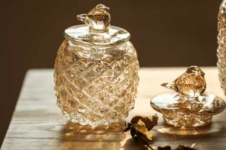 Glass Diamond Pattern Jar with Bird on Lid | Aesthetic Decor Shop